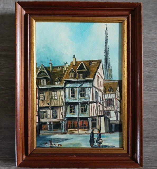 ANCIEN TABLEAU HST Scène de rue animée Rue Malpalu Rouen Signé R ...