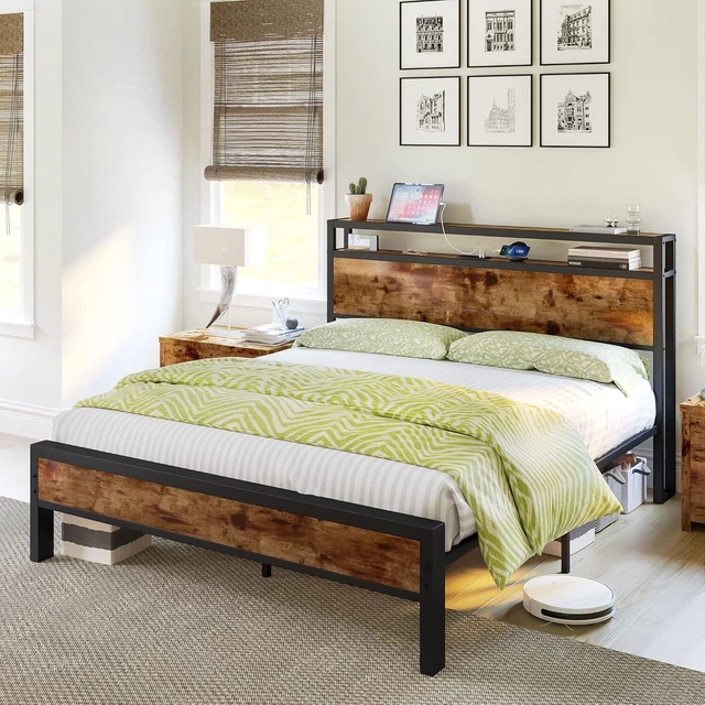 DOUBLE BED FRAME Industrial Metal Platform Bed with Headboard and ...