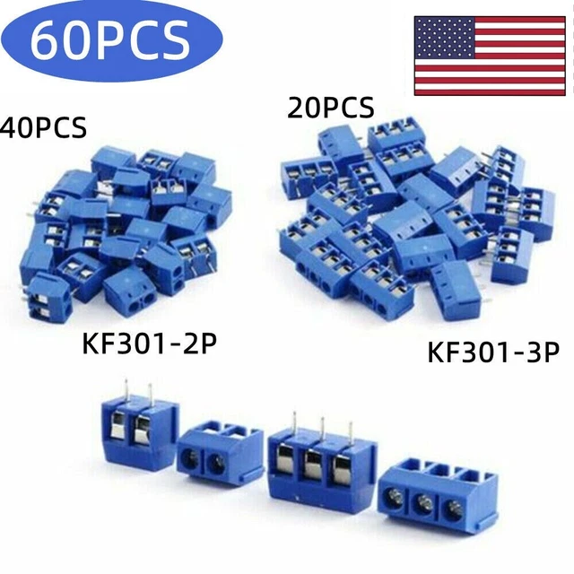 60PCS BLUE KF301-2P/3P PCB Mount Screw Terminal Block Connector 2/3Pin ...