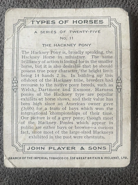 TYPES OF HORSES - John Player & Sons - No. 11 - The Hackney Pony ( C ...