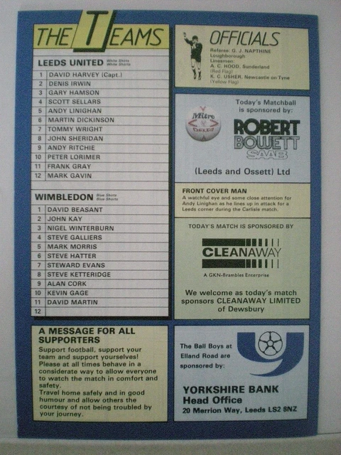 LEEDS UNITED V WIMBLEDON, 1st DECEMBER 1984, NO WRITING/STAPLES, MINT ...