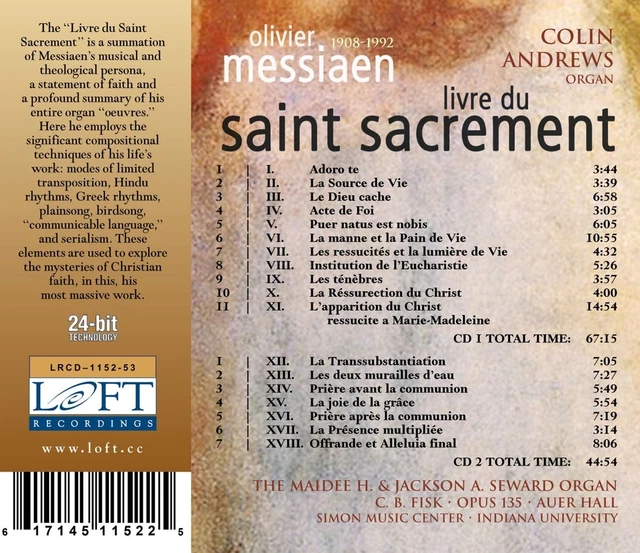 COLIN ANDREWS OLIVIER Messiaen: Livre du Saint Sacrement (CD) EUR 29,72 - PicClick FR