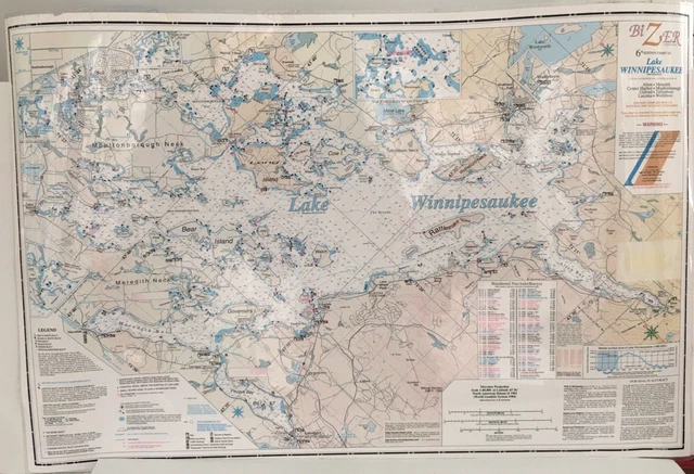 MAP LAKE WINNIPESAUKEE NH Navigation Depth Chart Laminated 1984 Bizer ...