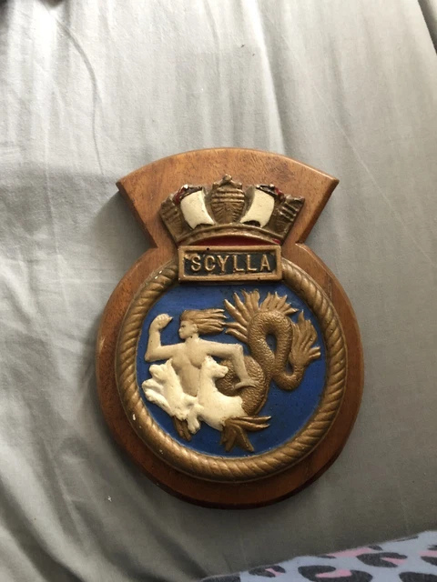 HMS SCYLLA Royal Navy Ships Crest Plaque - Plaster On Wooden Shield ...