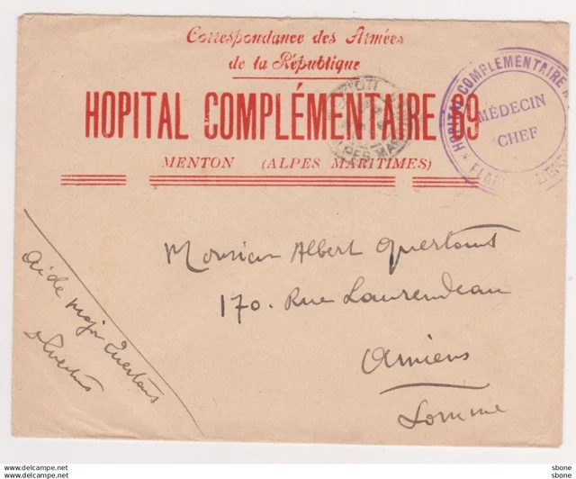 LETTRE EN FRANCHISE militaire - Hopital complémentaire 69 - Menton EUR 14,00 - PicClick FR