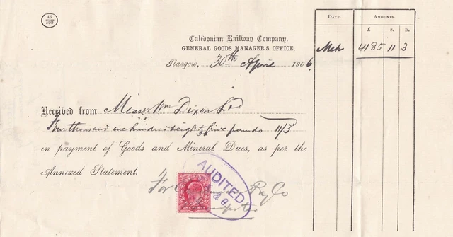 CALEDONIAN RAILWAY COMPANY,GENERAL Goods Off.1906 Audited Stamp Receipt ...