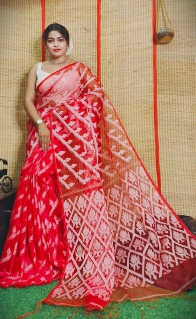 PURE MOSLINE RESHOM Soie Rouge Dhakai Jamdani Saree Femme Bollywood ...