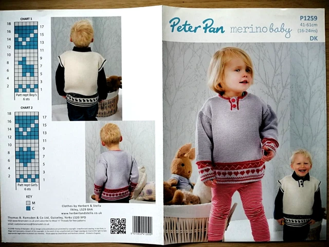 PETER PAN Merino Baby DK KNITTING PATTERN Baby Boys Girls Sweater and ...