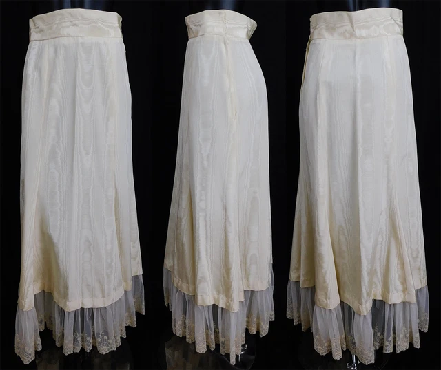 VICTORIAN STYLE VINTAGE Cream Watered Silk Moire Long Skirt Net Lace ...