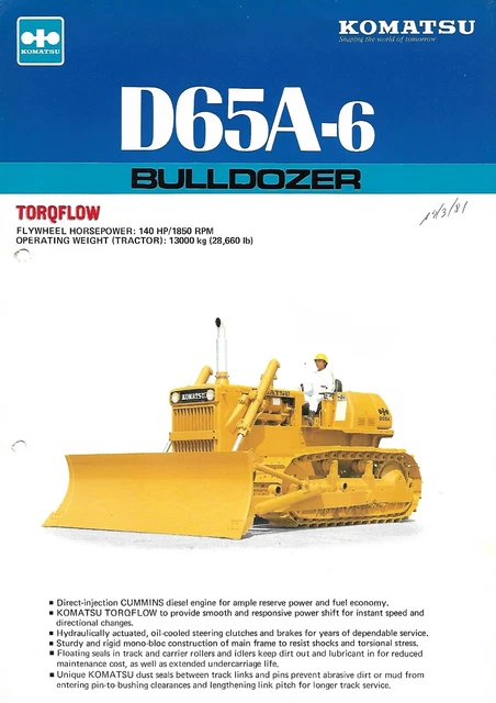 EQUIPMENT BROCHURE - Komatsu - D65A-6 - Bulldozer - c1981 (E7426) $17.95 - PicClick CA