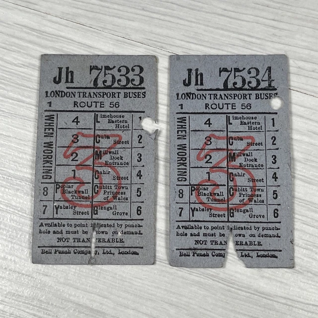 VINTAGE BELL PUNCH Co London Bus Ticket Route 56 ( Marlson Rugs Advert ...