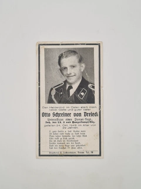 WW2 DECORATED GERMAN Panzer Crew Member Death Card / October 1943 ...