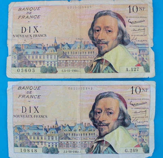2X 10 NF Banque de France Banknote 1960 1962 bill Frankreich Billet ...