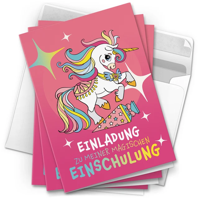 10 EINLADUNGSKARTEN ZUR Einschulung mit Umschlag Klappkarten Mädchen Einhorn EUR 11,99 - PicClick DE