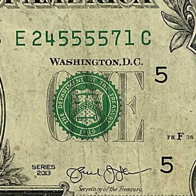FOUR IN A Row 5s Fancy Serial Number 2013 One Dollar Bill E24555571C FW ...