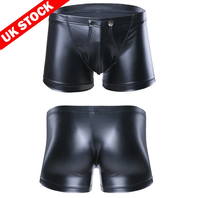 UK MENS SEXY Shiny Metallic Leather Press Button Bulge Pouch Boxer ...
