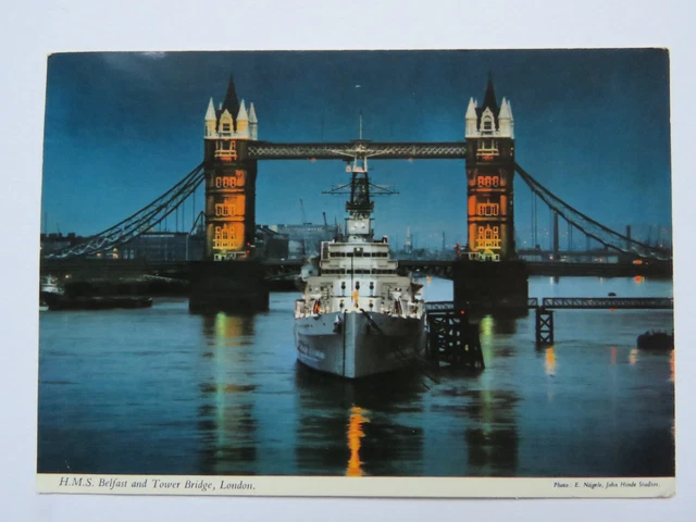 VINTAGE 1973 LONDON HMS Belfast and Tower Bridge Real Photo Postcard ...
