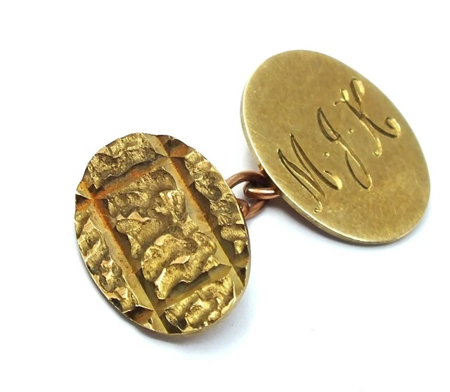 VINTAGE .375 9CT YELLOW GOLD Oval Textured Engraved Chain Cufflink, 3 ...