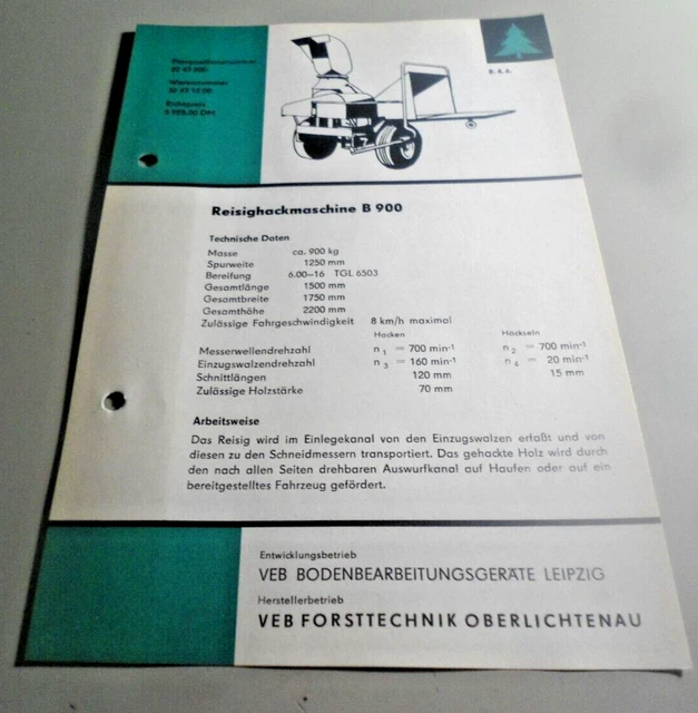 ALTES DATENBLATT LANDWIRTSCHAFT Forst DDR Reisighackmaschine B 900 EUR ...