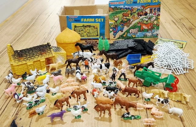 VINTAGE FARM SET w/ Haystack, People, Trees, Animals & Fences - Blue ...