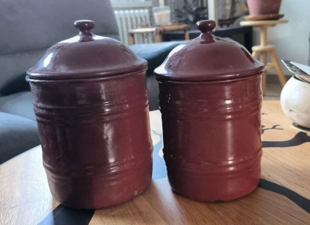 LOT DE 2 pots en métal émaillé ancien vintage rouge brique 1930 1940 ...