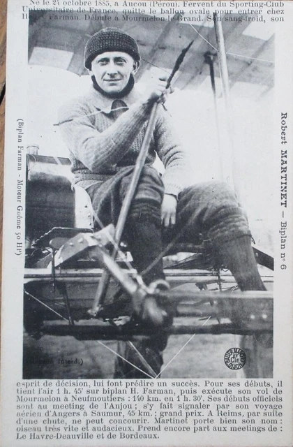 FRENCH AVIATION 1910 Postcard: Aviator Robert Martinet in Airplane ...