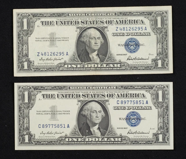 LOT (2) 1957 U.S. Note $1 One Dollar Bill Blue Star/Serial Silver ...