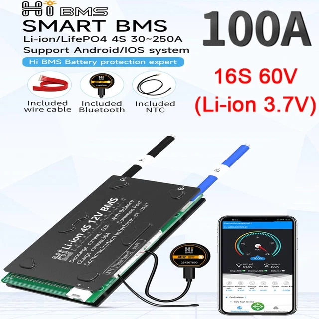 16S 60V 100A Li-ion Smart BMS Common Port with Balance + Bluetooth ...