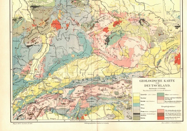 GEOLOGICAL MAP OF Germany, ancient historical lithography around 1900 ...
