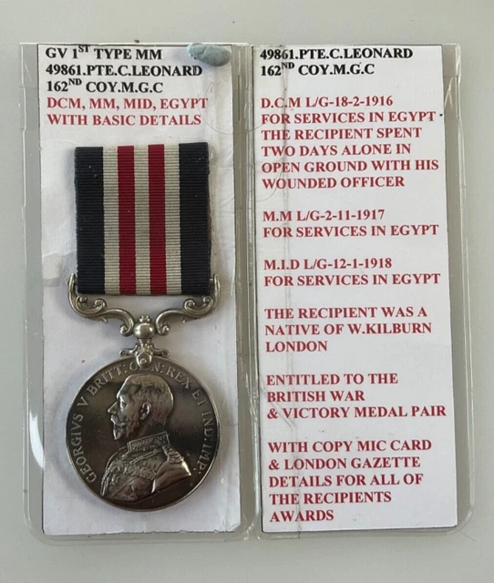 WW1 BRITISH GALLANTRY MILITARY MEDAL M.M. Machine Gun Corps LEONARD ...