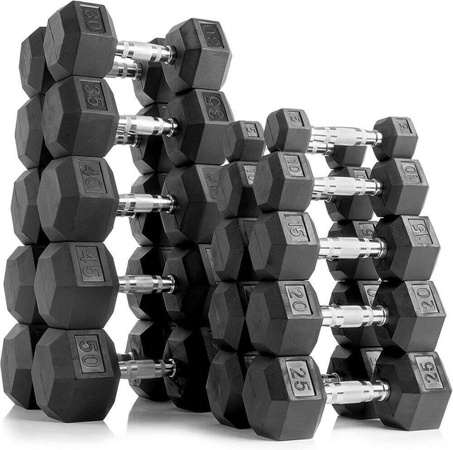 HEX DUMBBELLS SET Cast Iron Rubber Encased Hexagonal Dumbbell Gym ...
