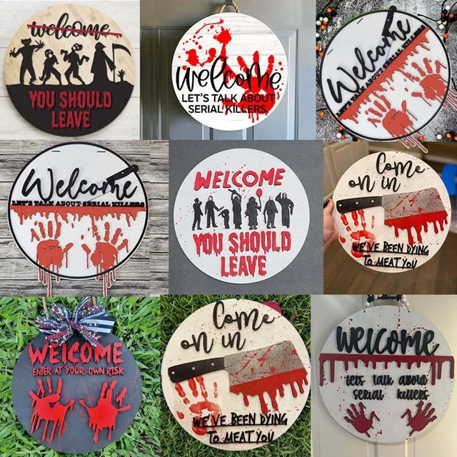 WOODEN HORROR WELCOME Sign Horrifying Wooden Hanging Plaque Front Door ...