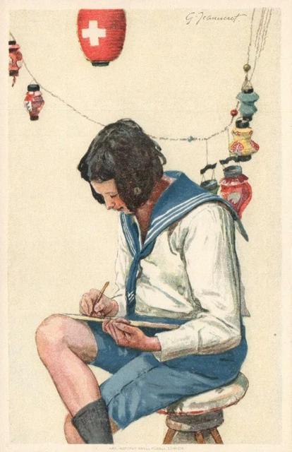 VINTAGE SWISS RED Cross Jeanneret Illust Painting of Boy in Sailor Suit ...