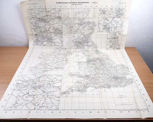 LARGE WW2 &BATTLE of BRITAIN" GERMAN MAP of BRITISH RAIL STATIONS ...