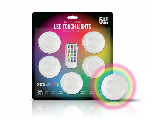 5-PACK RGB LED Touch Lights with Remote - Wireless Under Cabinet Puck ...
