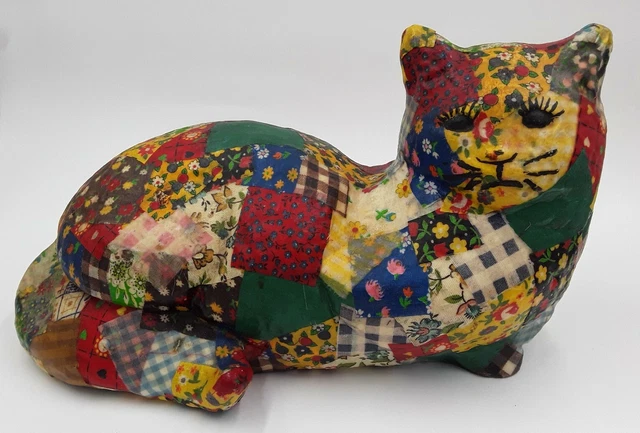 RAINBOW PLAID CERAMIC Cat Statue Door Stop Figurine Patchwork Quilt ...