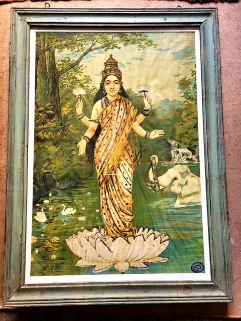 ANTIQUE INDIAN OLEOGRAPH Print By Artist Raja Ravi Varma Jari Work Gaja ...