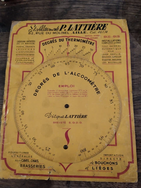 ANCIEN DISQUE CARTON degré de l'alcoomètre Ets Lattière Lille publicité ...