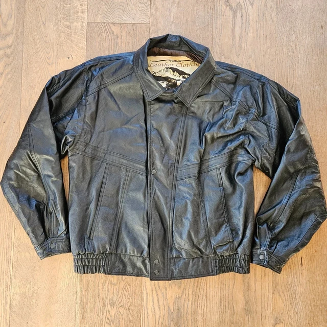 VINTAGE ROGER DAVID Leather Jacket Mens XL Black Lined Asymmetrical Zip ...