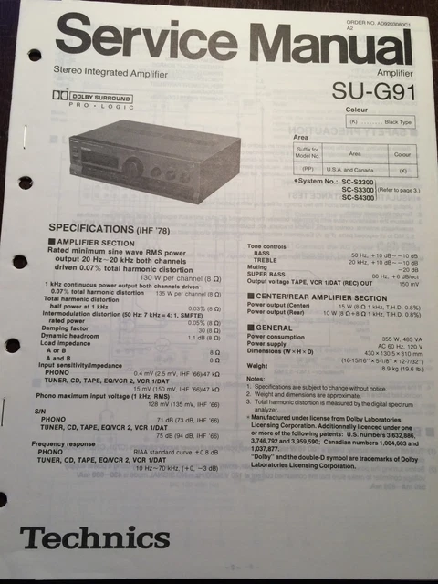 ORIGINAL TECHNICS MODEL SU-G91 Stereo Integrated Amplifier Service Manual $20.00 - PicClick CA