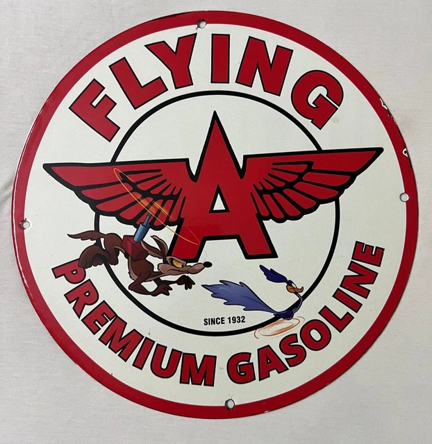 1932 FLYING A Gasoline Premium Gas Service Road Runner Porcelain Enamel ...