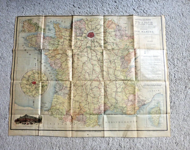 CARTE DE FRANCE routes vélocypédiques, 1916 agenda Buvard Bon Marché ...