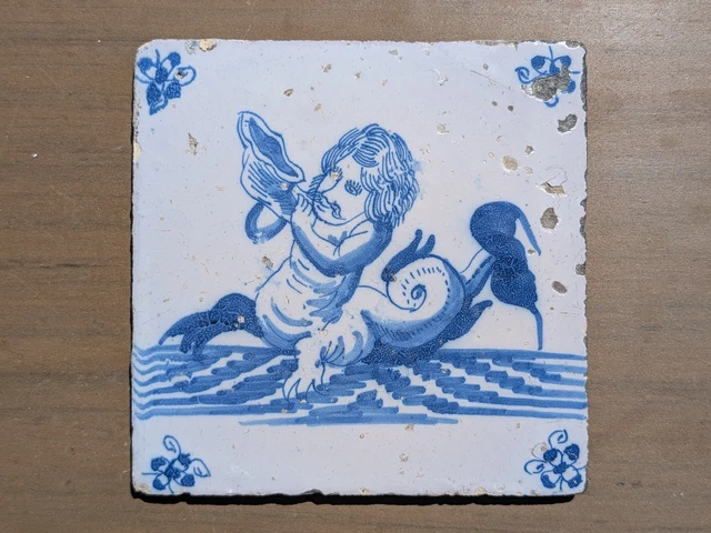 ANTIQUE 18TH CENTURY Dutch Delft Tile Mermaid Merman Salvage B £115.00 ...