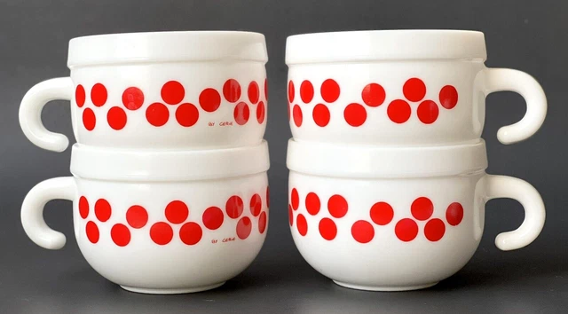 CERVE ITALY VTG Red Dots Spots Coffee Mugs Cups x4 Milk Glass Hazel ...