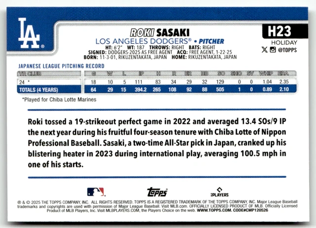 TOPPS SERIE 1 MLB Béisbol 2025 No. H23 Roki Sasaki Novato Plata ...