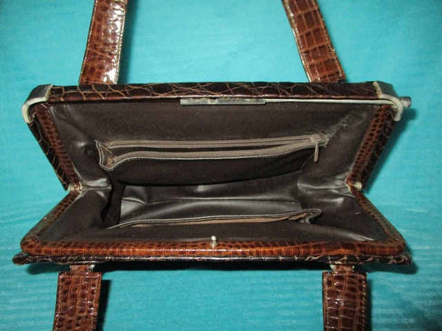 VINTAGE EDLE ECHT Leder Tasche -Kroko-Prägung- Braun - Original 60 er ...