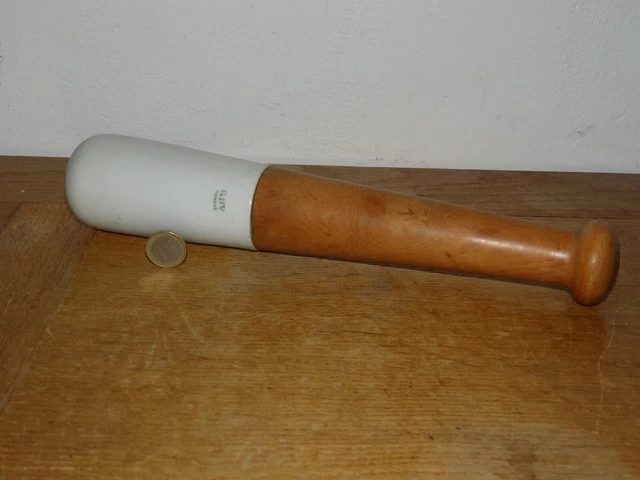 ANCIEN TRÈS GRAND Pilon de Mortier en Bois et Porcelaine 32 cm EUR 34 ...