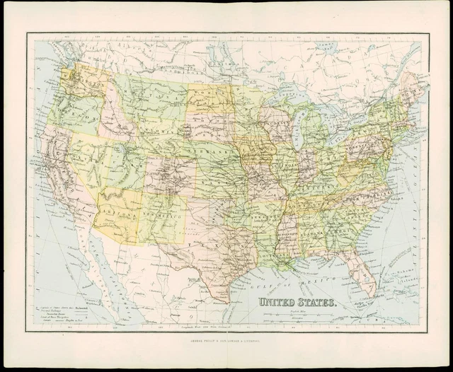 1900 ORIGINAL ANTIQUE Colour Map of UNITED STATES OF AMERICA USA ...