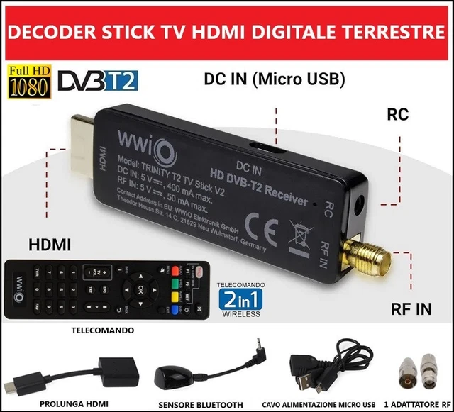 DECODER RICEVITORE MINI Stick Digitale Terrestre DVB-T2 HDMI Con ...