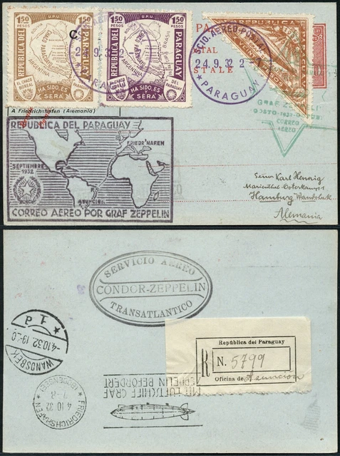 ZEPPELIN PARAGUAY 1932 7. SAF cartolina Reko MiF Amburgo Si 188/1492 ...